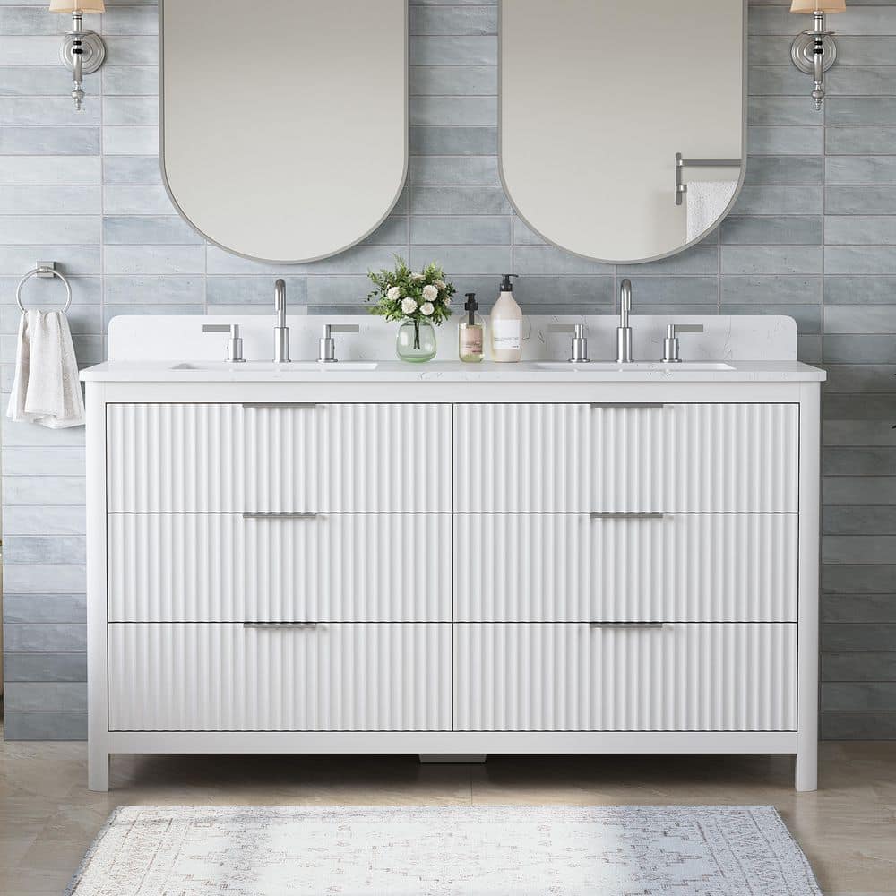 DELUXE DL LIVING Gwen 61 in. Double Sink Freestanding White Bath Vanity ...