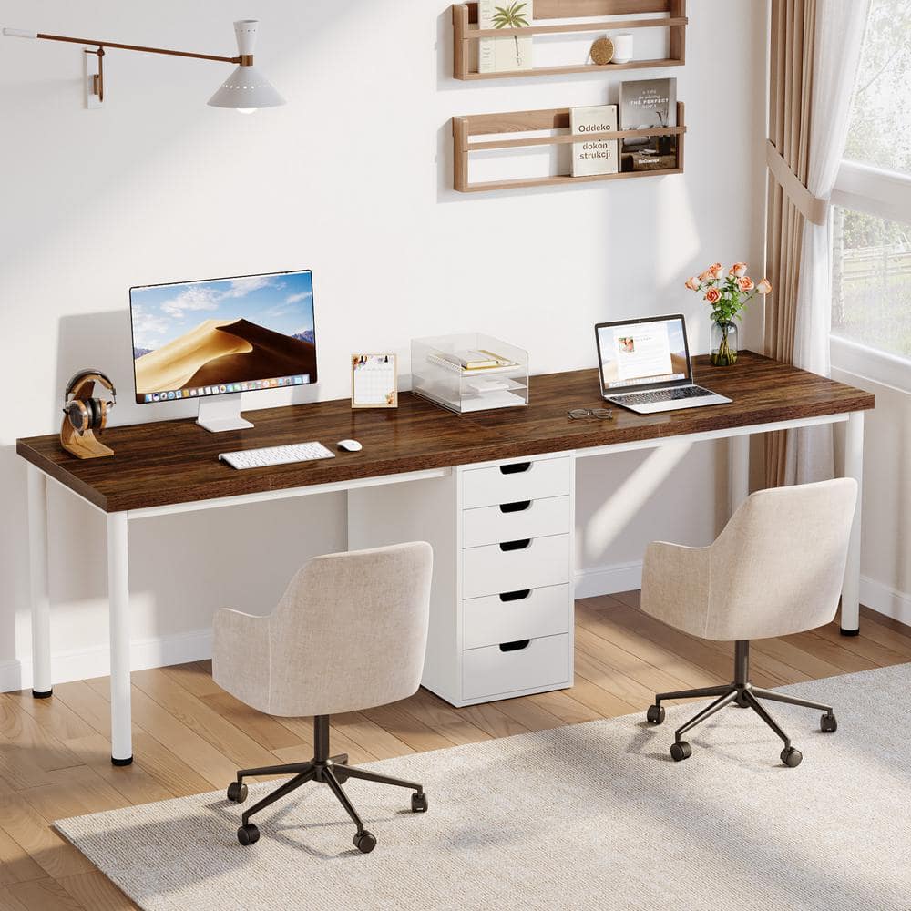 BYBLIGHT Moronia 78.74 in. Rectangular White and Brown Wood and Metal 5 Drawer Dual Executive Computer Desk 2 Person Desk BB RY0152QP The Home Depot