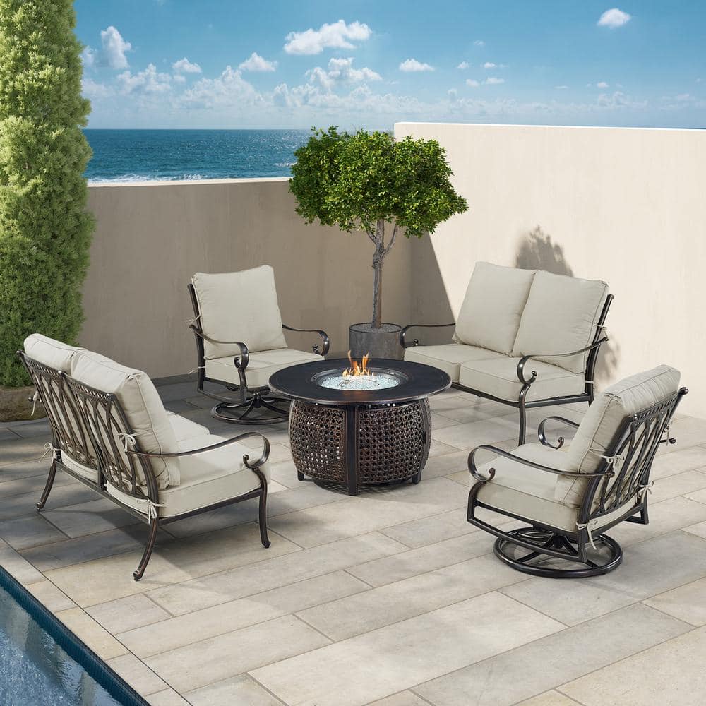 Oakland Living Black Aluminum Fire Table Set with 2-Loveseats and 2 ...