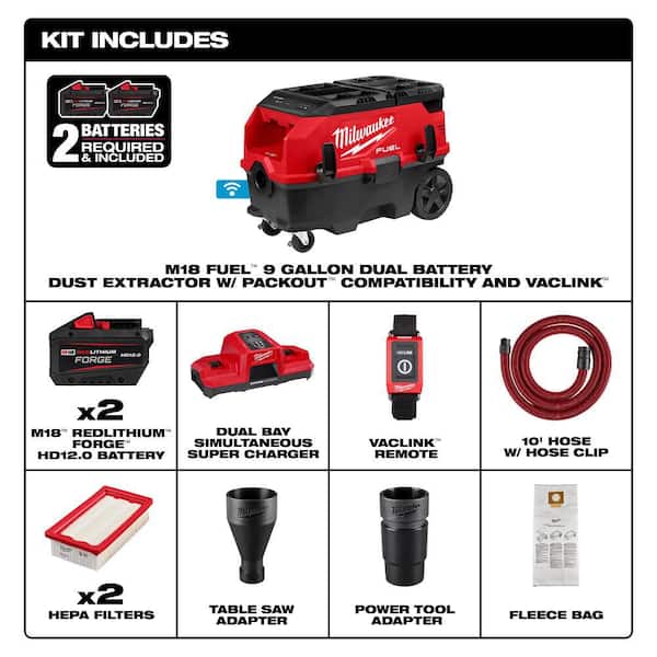 Milwaukee M18 FUEL PACKOUT 9 Gallon Dual-Battery Dust Extractor with ...