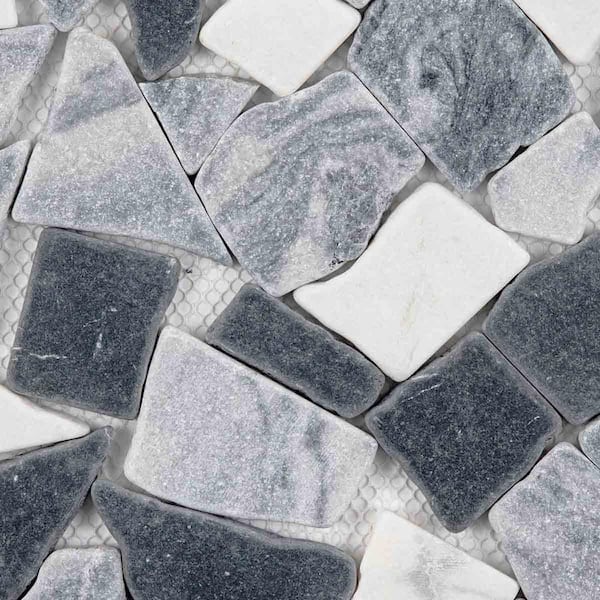 Giorbello Marble Tumbled Pebble Mosaic Tile White and Gray 12 in. x 12 ...