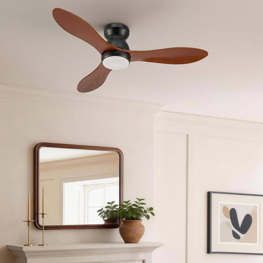 Merra 42 in. Indoor Matte Black Brown Wood Low Profile Flush Mount ...