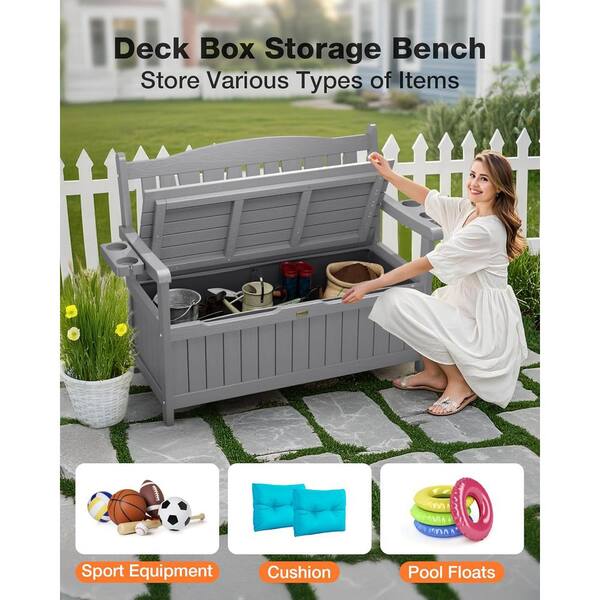 43 gal. Grey Plastic Outdoor Storage Bench with Double Cup Holders