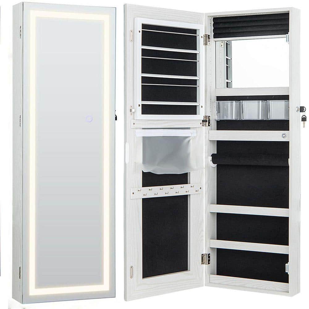 Mecale 15 in. x 42.5 in. White Wall Mounted Mirrored Jewelry Box ...
