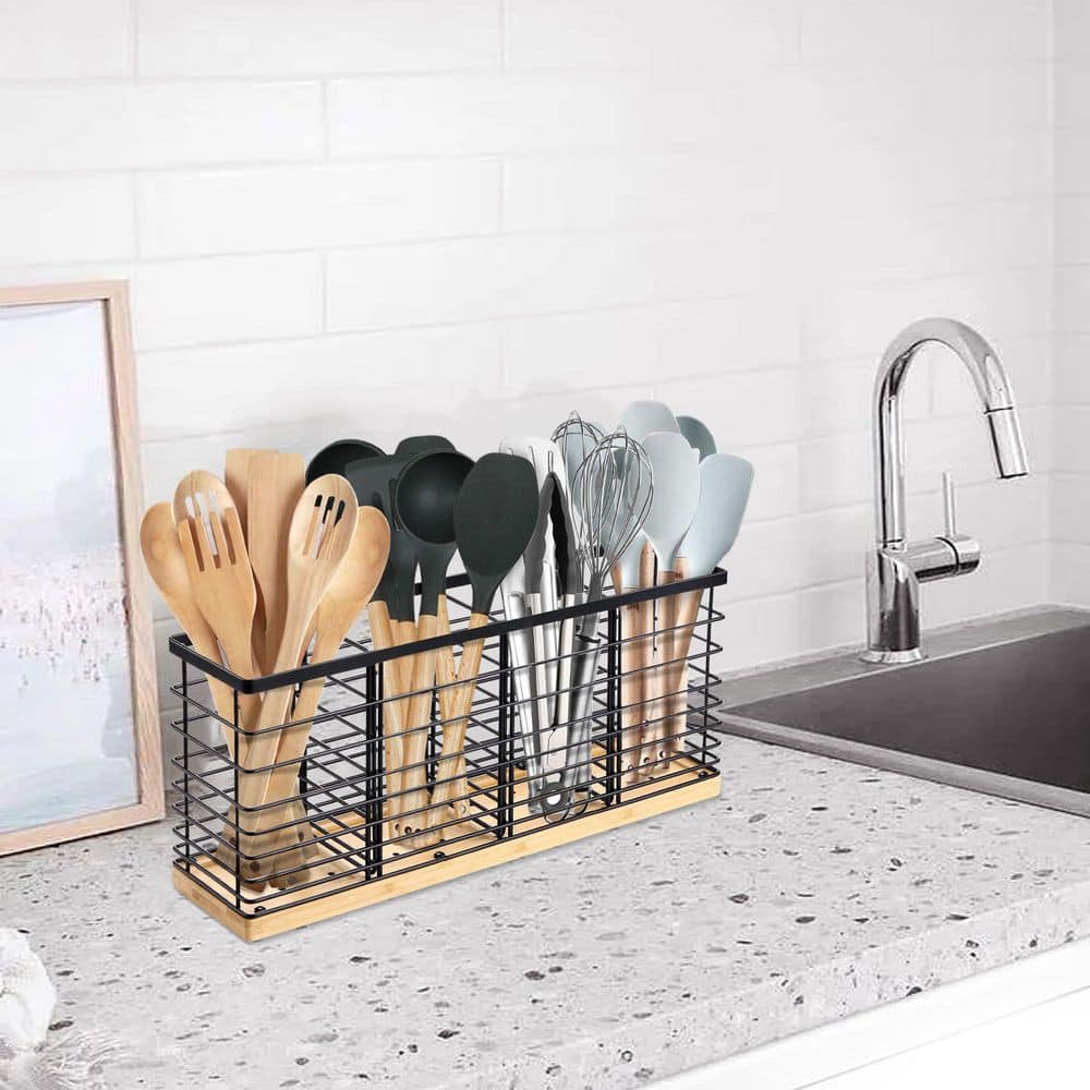 Wudkey Matte Black Metal Kitchen Utensil Holder with 4-Compartments ...