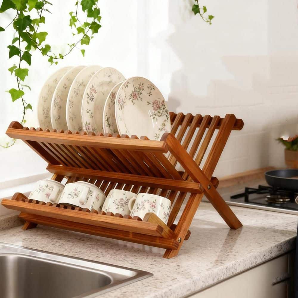 Wudkey Teak Dish Drainer Rack, Collapsible 2 Tier Dish Drying Rack ...