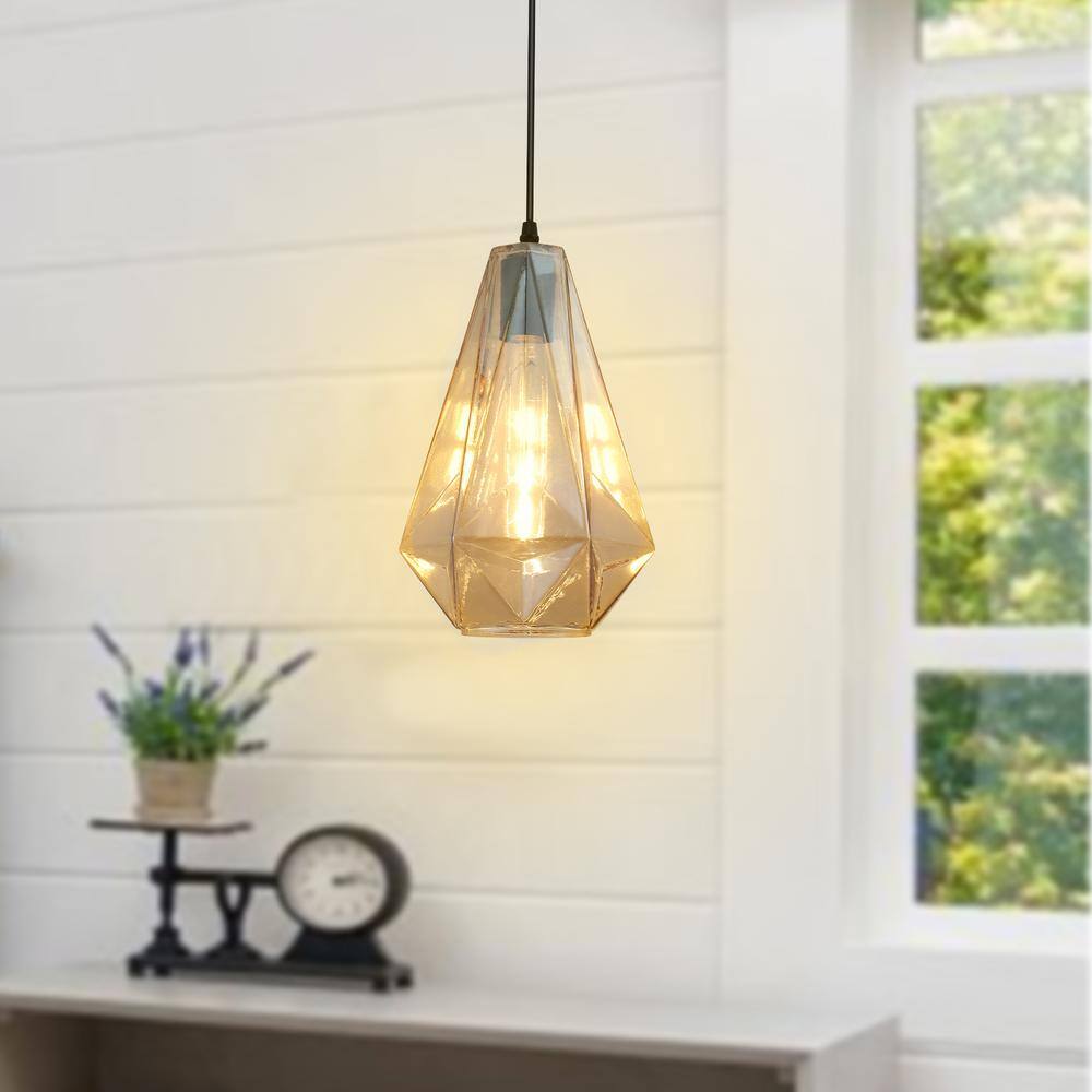 LWYTJO 60-Watt 1-Light Amber Pendant Light with Geometric Shade, No ...