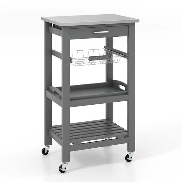Volenca Gray Kitchen Cart with Stainless Steel Tabletop and Basket ...