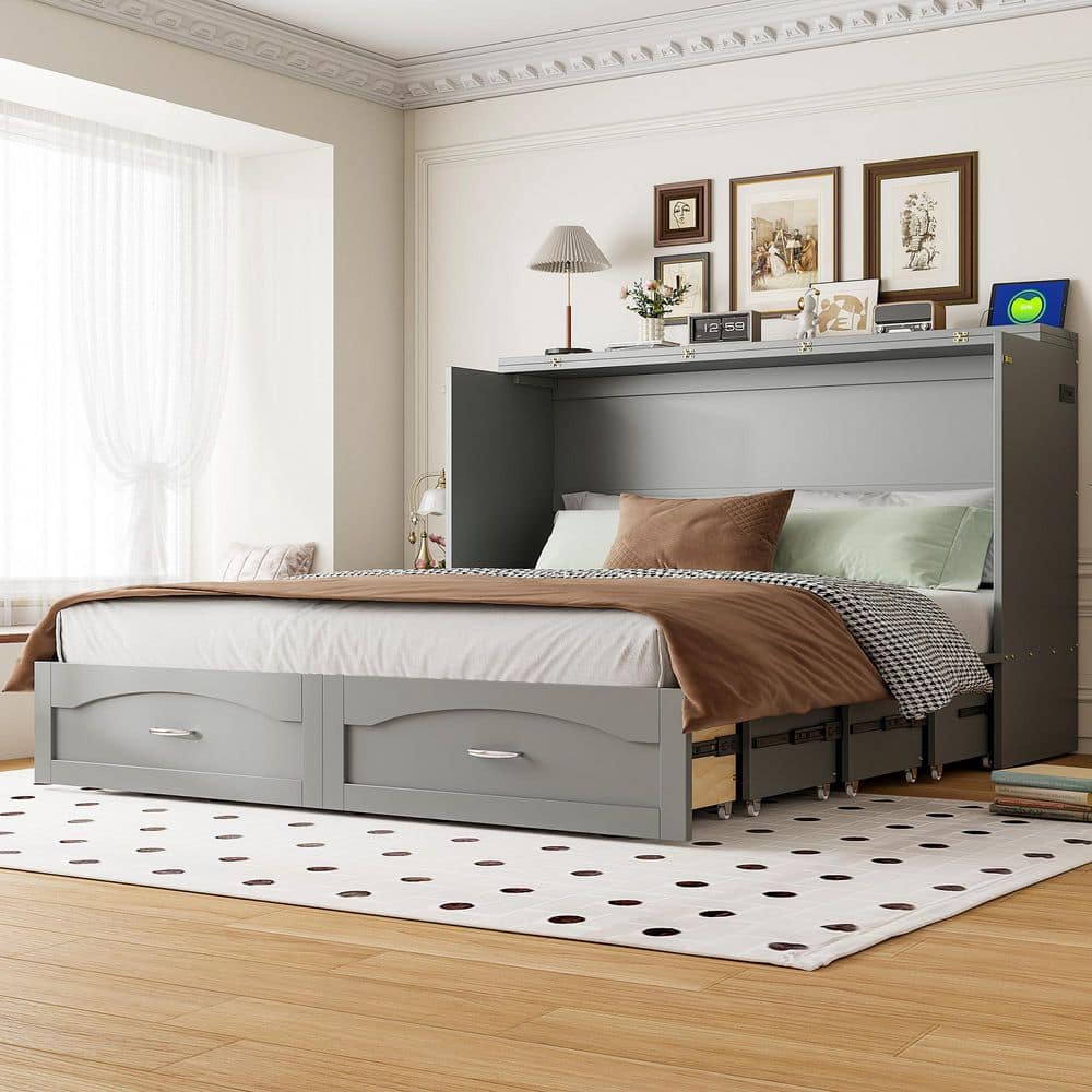 Harper Bright Designs Gray Wood Frame Queen Size Murphy Bed With