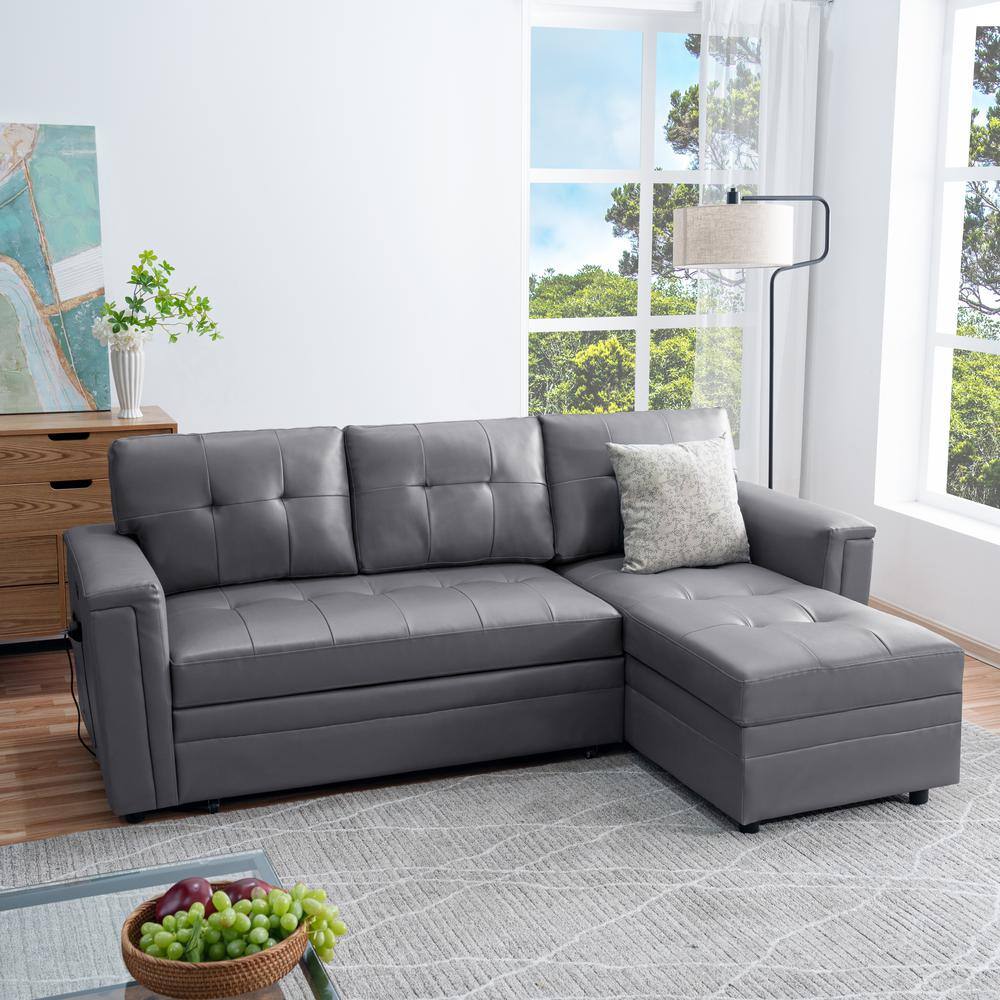 HOMESTOCK 54 in. Reversible Sleeper Faux Leather Rolled Arm Sectional ...
