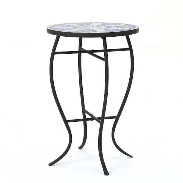 Blue and White Mosaic Ceramic Outdoor Side Table with Matte Black Iron ...