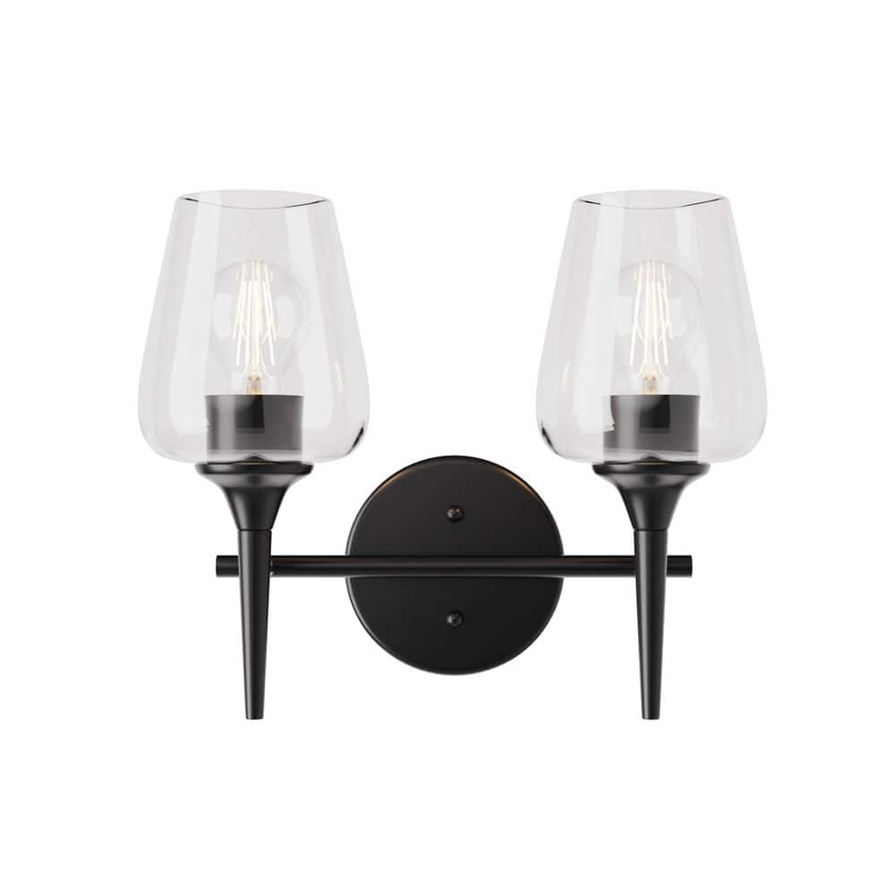 PUDO 13.11 in. 2-Light Black Vanity Light with Clear Glass for Bathroom ...