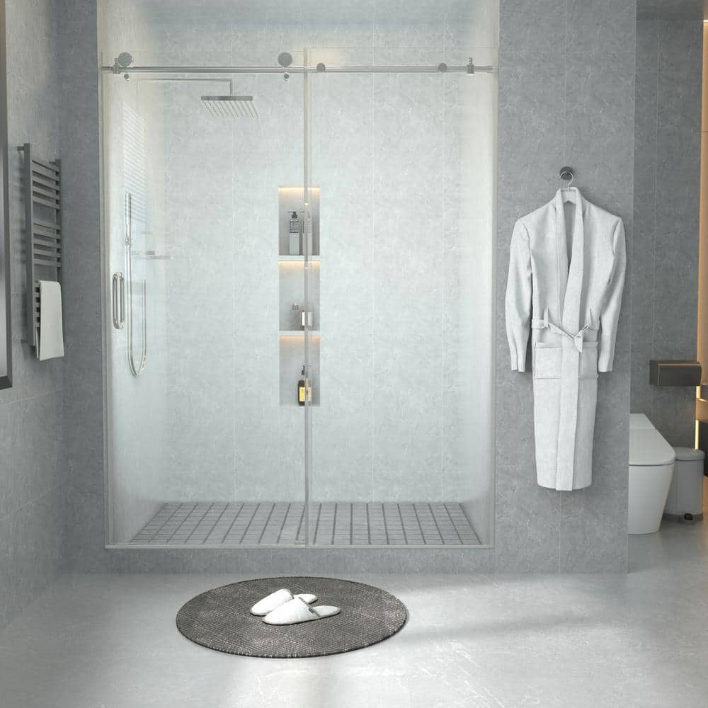 ANGELES HOME 56-60 in. W x 76 in. H Sliding Semi-Frameless Shower Door in Chrome Finish with ...