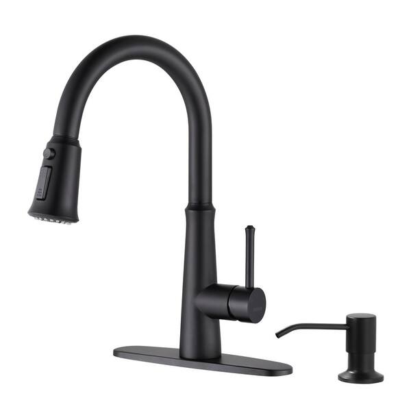 WOWOW Single Handle Pull Down Sprayer Kitchen Faucet with Soap Dispenser in Black 2310700B-S ...