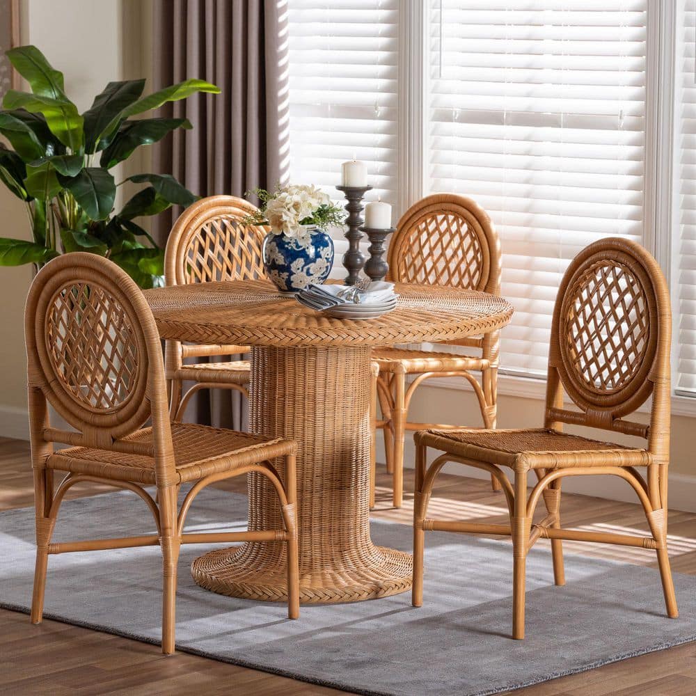 bali & pari Winslow 5-Piece Light Honey Rattan Top Dining Set ...