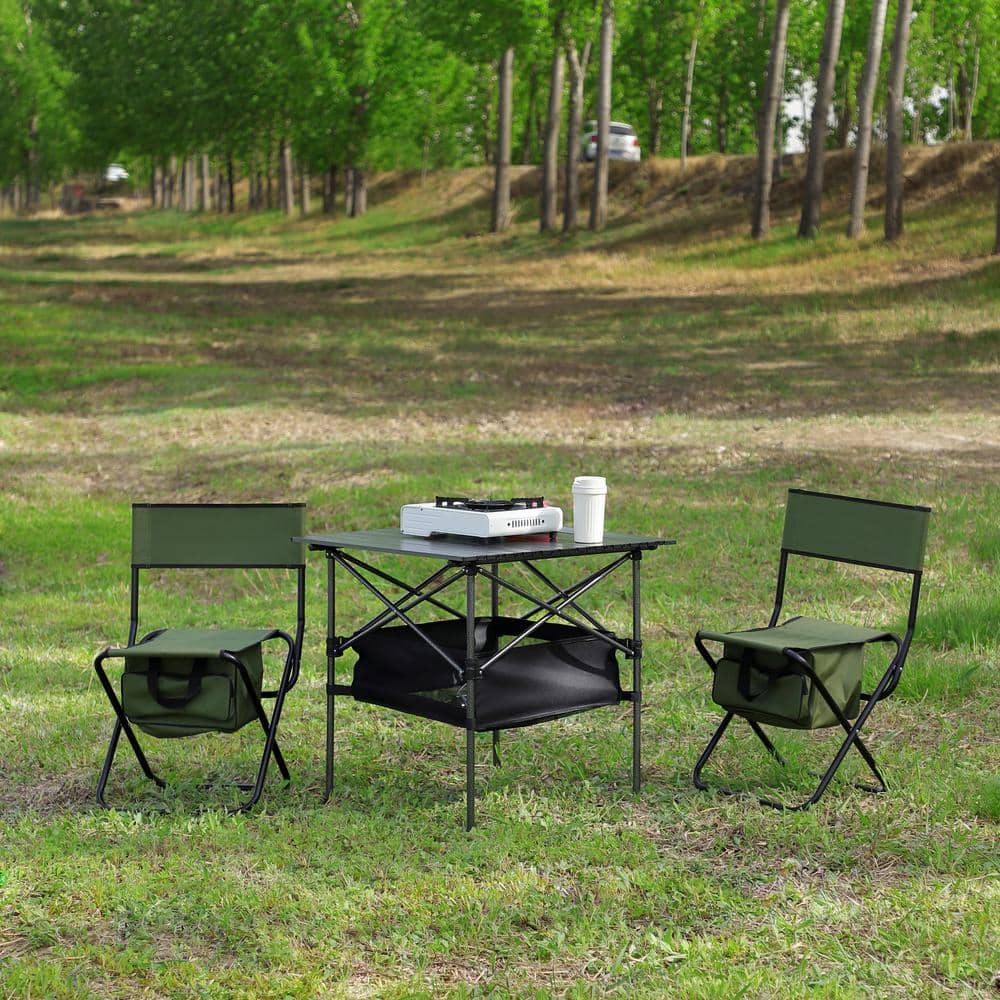 3-Piece Green Aluminum Folding Outdoor Lawn Chairs with Black Table for ...