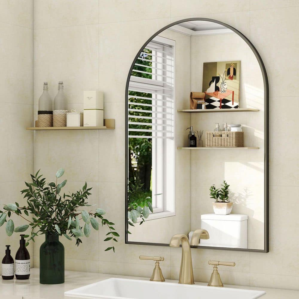 XRAMFY 20 in. W x 30 in. H Arched Bathroom Mirror Black Mirror Aluminum ...