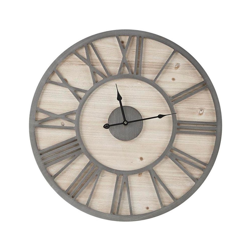 23.6 in. Large Wood Natural/Grey Rustic Farmhouse Round Wall Clock with ...