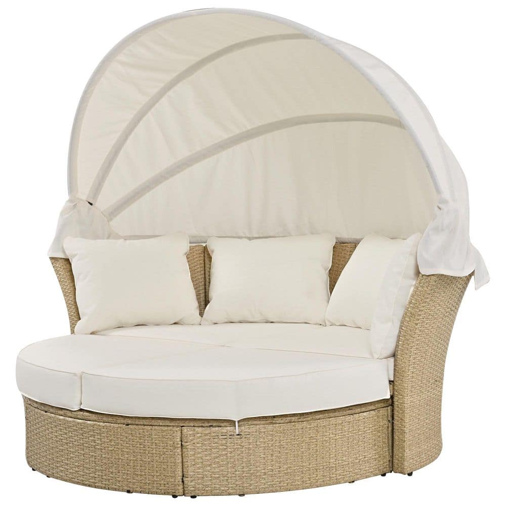 Nestfair Patio Wicker Outdoor Round Day Bed with Retractable Canopy and ...