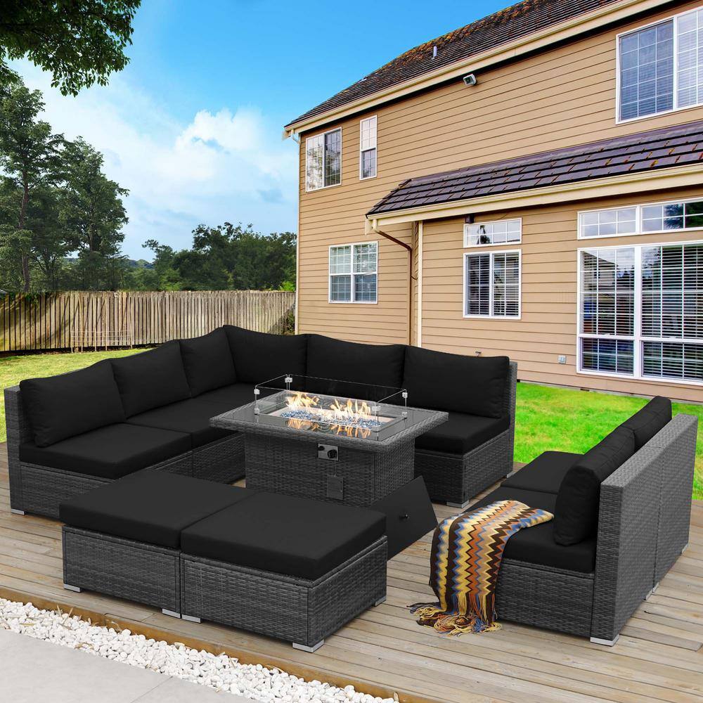 FINCATI Large 10 Piece Charcoal Wicker Patio Fire Pit Deep Seating ...
