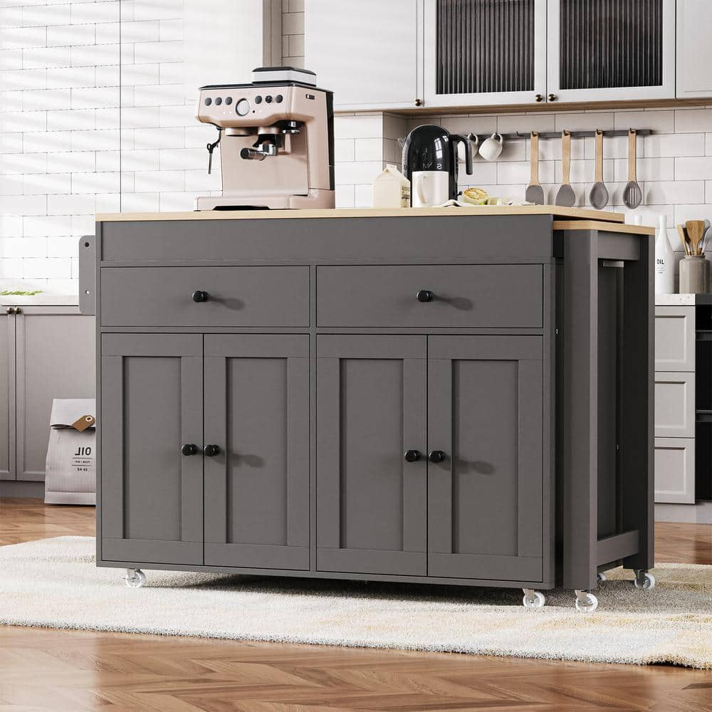 Xzkai Gray Wood 74.5 in. Large Kitchen Island (Chairs Not Included) with 4 Door, 2 Drawers ...
