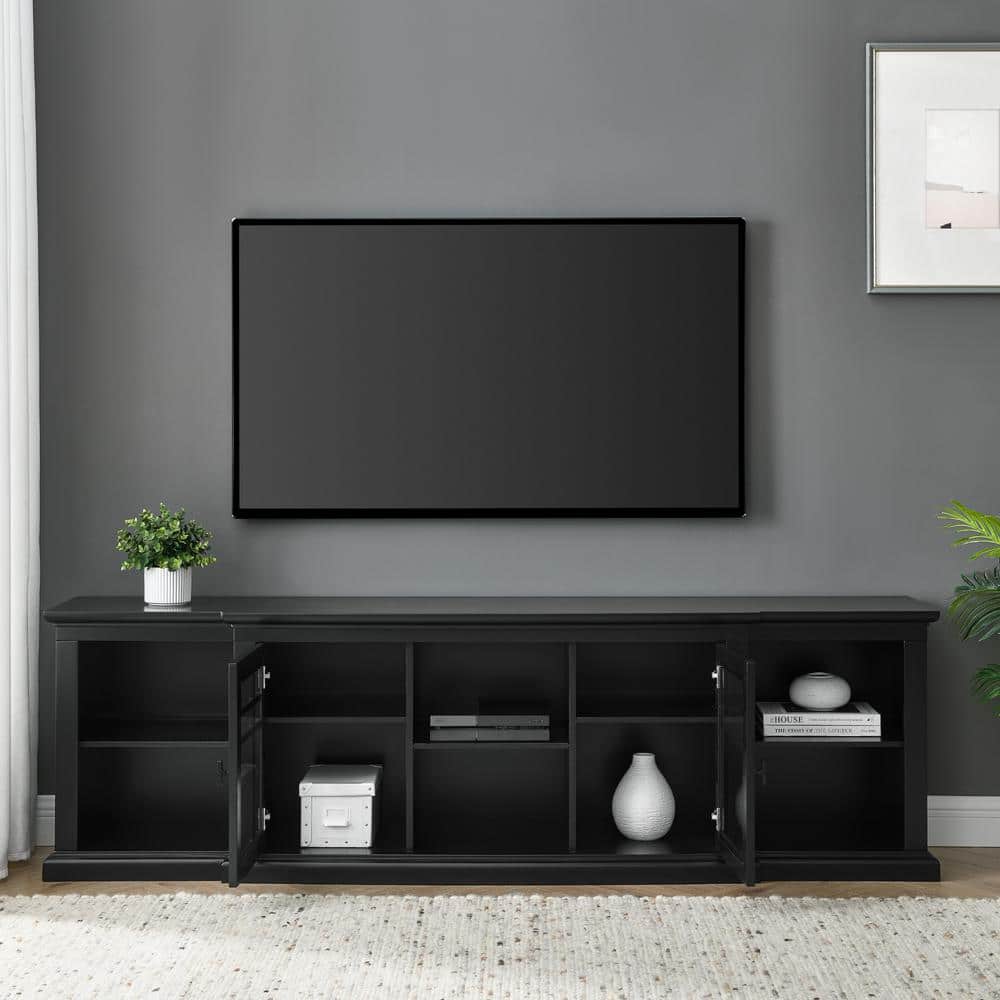 Welwick Designs 80 In. Black Transitional Wood And Glass-Door TV Stand ...