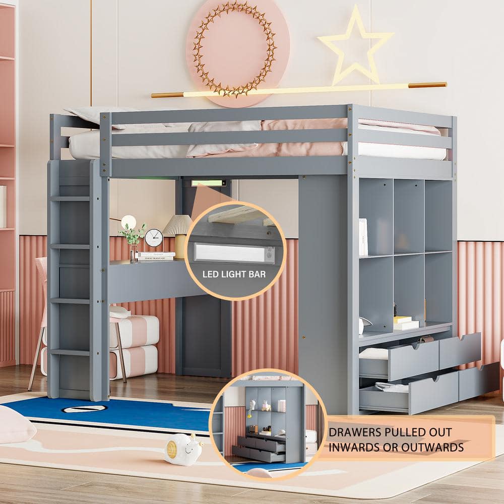 Harper & Bright Designs Gray Wood Full Size Loft Bed with Multiple ...