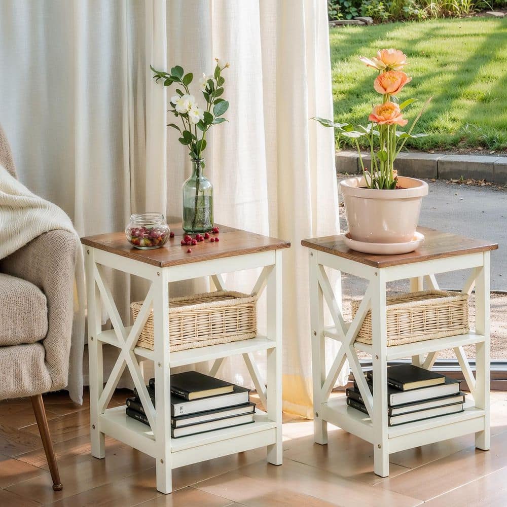 PHI VILLA Ivory White MDF Modern 16 in. Accent Square End Table with 3 ...