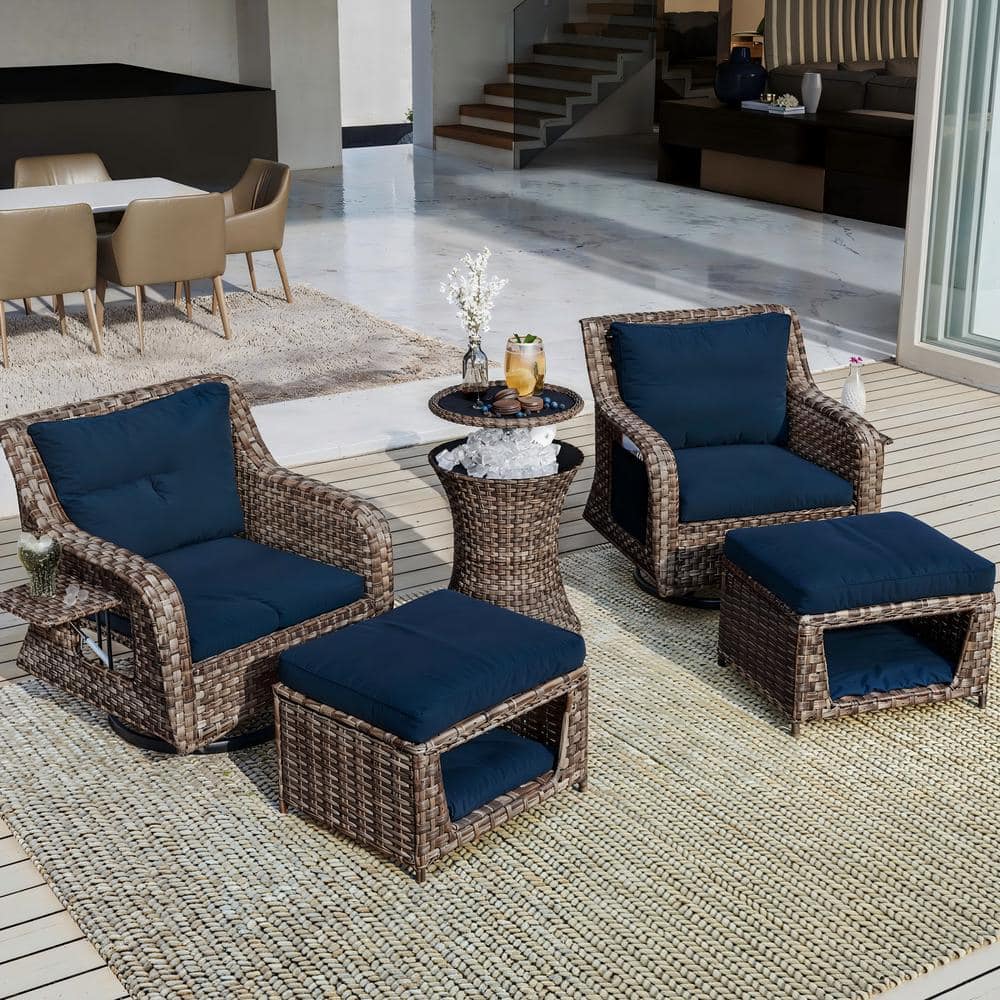 Sungrd 5 Piece Wicker Patio Conversation Set with Machine Washable Blue ...