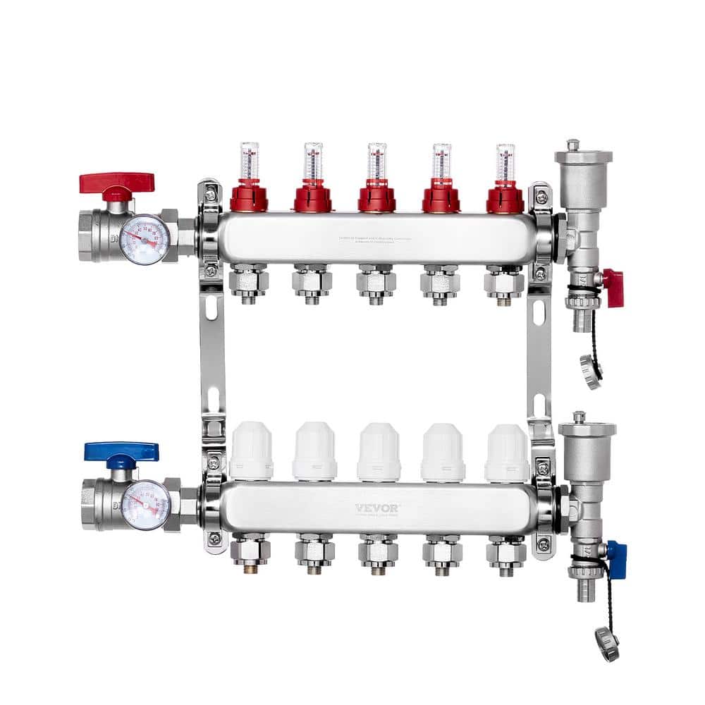 VEVOR 5-Branch Radiant Heat Manifold,1/2 in. PEX Tubing Manifold ...