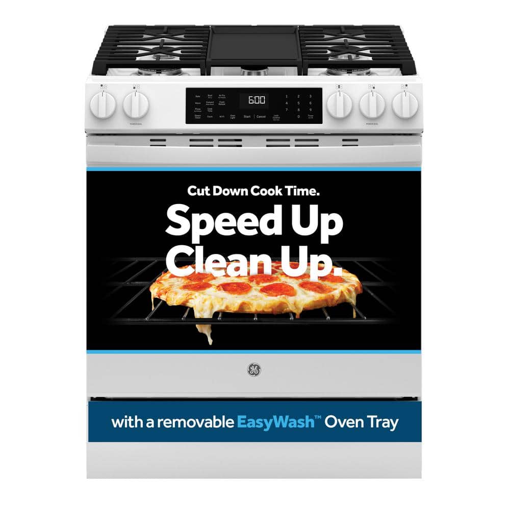 GE 30 in. 5-Burners Slide-In Smart Gas Convection Range in White with ...