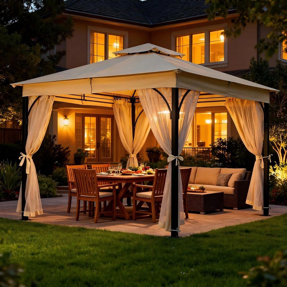 GoldHydroin 10 ft. x 10 ft. Outdoor Gazebo with Double Roof, Mosquito ...