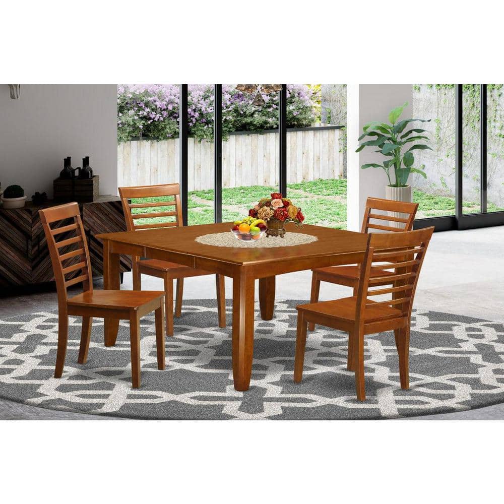 East West Furniture 5-Piece Square Saddle Brown Finish Solid Wood Top Dining table with 4 Chairs ...