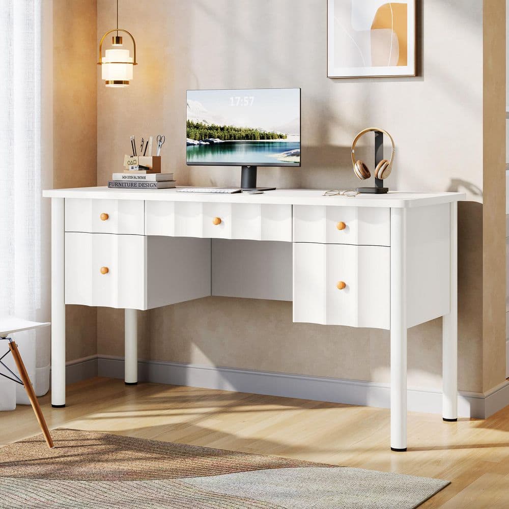 BYBLIGHT Moronia 55.1 in. Rectangular White Engineered Wood 5-Drawer ...