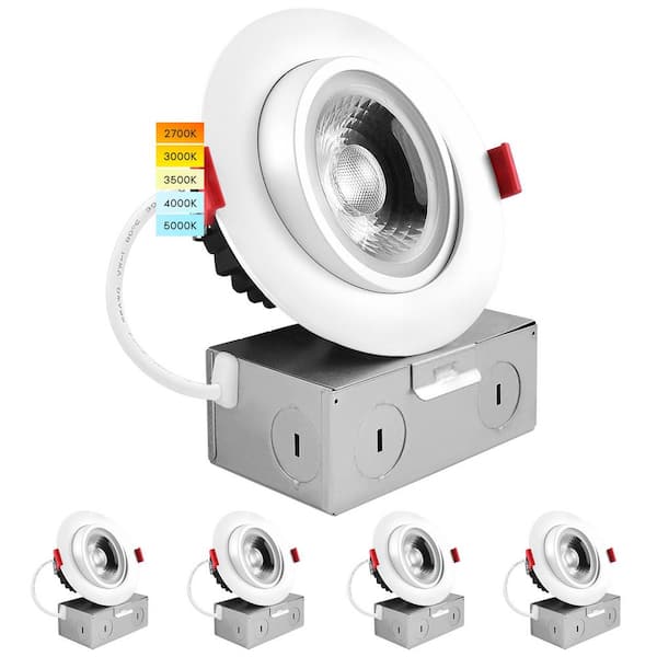 LUXRITE 4 in. Adjustable Swivel LED Gimbal Canless Recessed Light w/ J-Box 5CCT 11W=75W 1000 ...