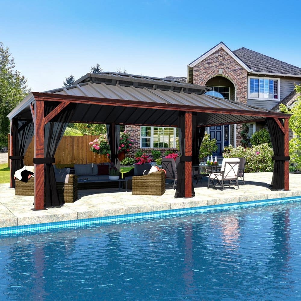 VEIKOUS 20 ft. x 12 ft. Wood Grain Aluminum Hardtop Gazebo Double Roof ...
