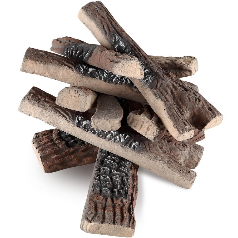SKYSHALO 10 Pcs Oak Logs Gas Fireplace Ceramic Logs 12 in. Vented Vent ...