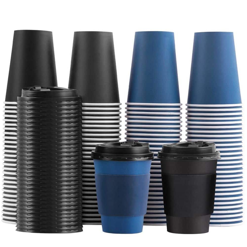 Wudkey 12 oz. Blue and Black Paper To-Go Coffee Mugs with Lids and ...