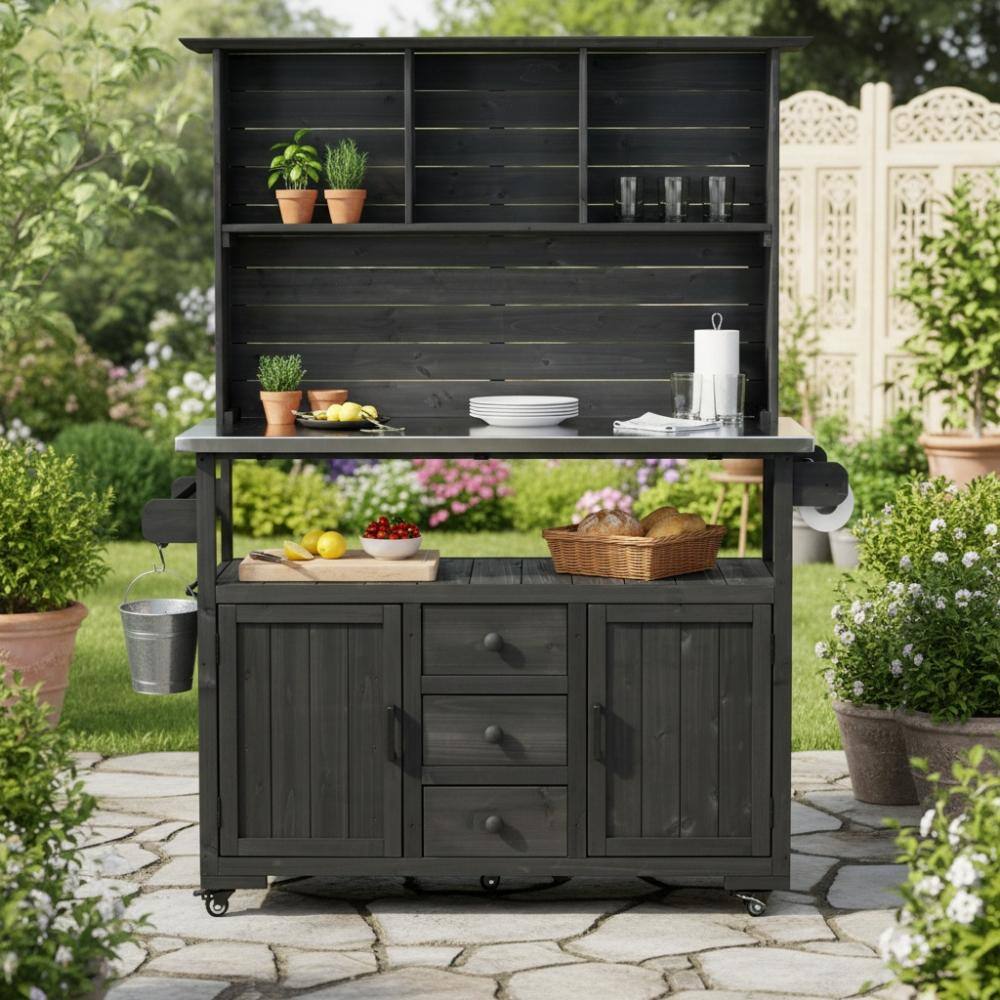 65 in. H Black Wood Potting Bench with Lockable Wheels and Stainless ...