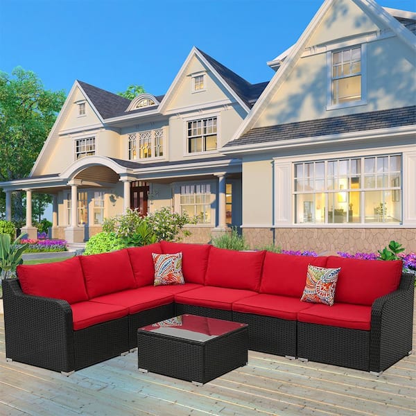 Runesay 7-Piece Black Wicker Patio Conversation Set with Red Cushions ...