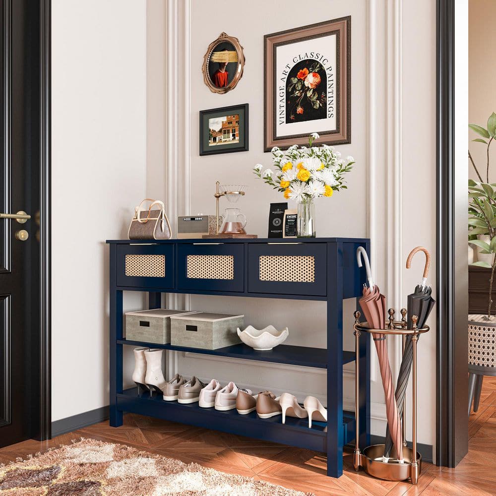 HOMEIBRO 43.3 in. Blue Rectangle Wood Console Table with 3 Top Drawers ...