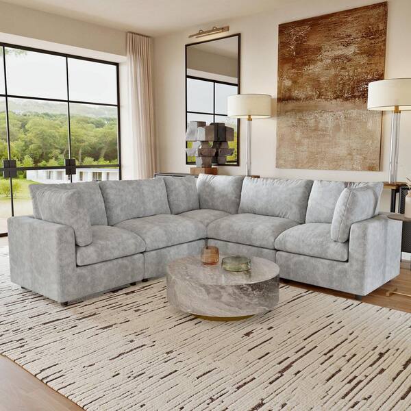 Magic Home 202 in. Square Arm Chenille Fabric 5-Piece Modular Free ...