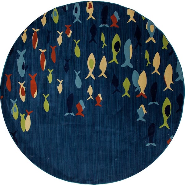 Art Carpet Seaport Fish School Navy blue 8 ft. x 8 ft. Round Area Rug ...