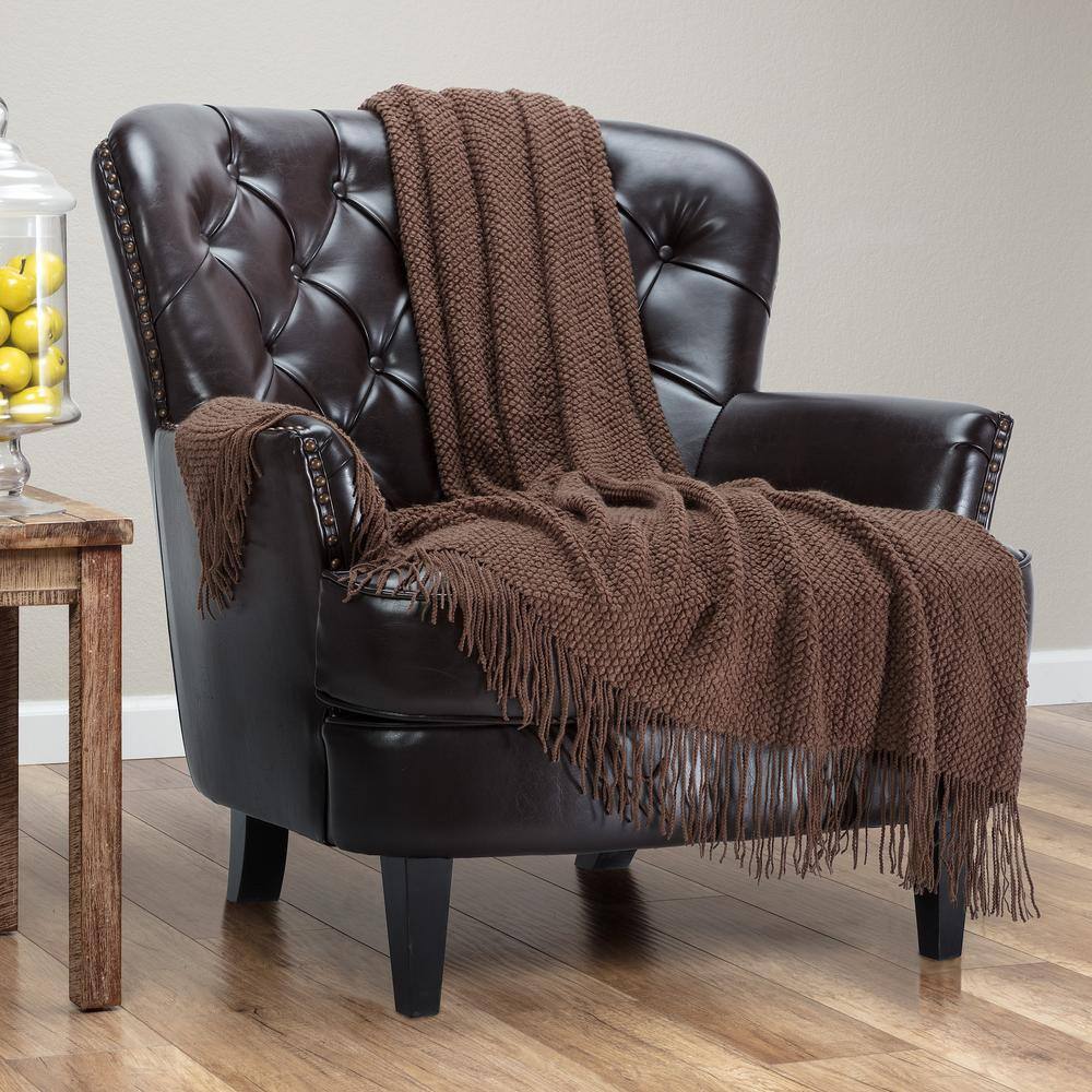 CHANASYA Textured Knit Carob Acrylic Throw Blanket with Tassels, 50 x ...