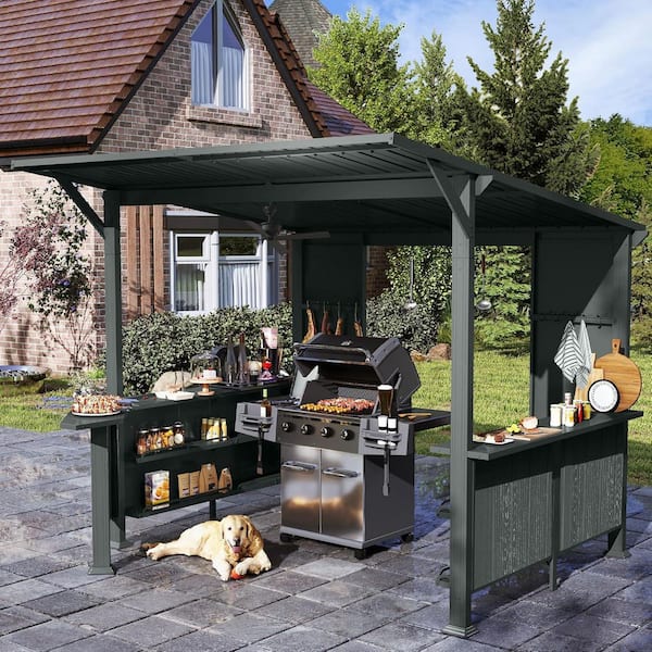 Sudzendf 9 ft. x 10 ft. Gray Steel Lean to Hardtop Grill Gazebo with ...
