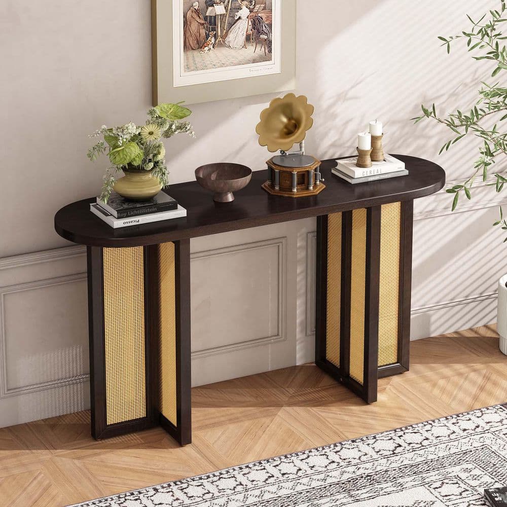 47.8 in. Espresso Oval MDF Modern Console Table Narrow Foyer Sofa ...