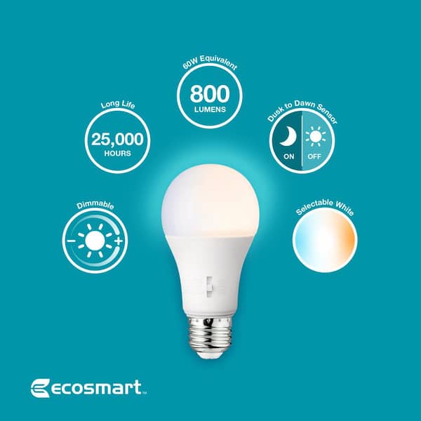 EcoSmart 60-Watt Equivalent A19 Dimmable Dusk to Dawn LED Light Bulb ...