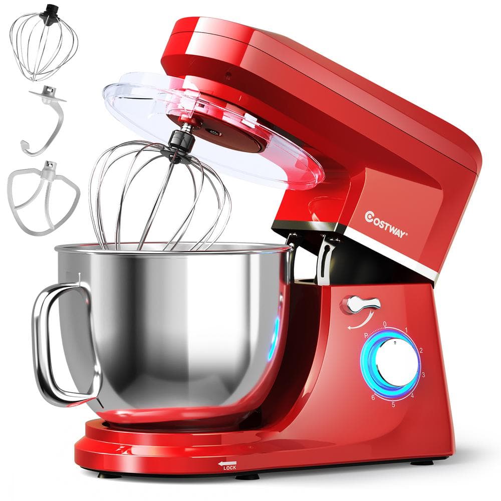 Costway 660-Watt 7.5 qt. 6-Speed Red Stainless Steel Stand Mixer with ...