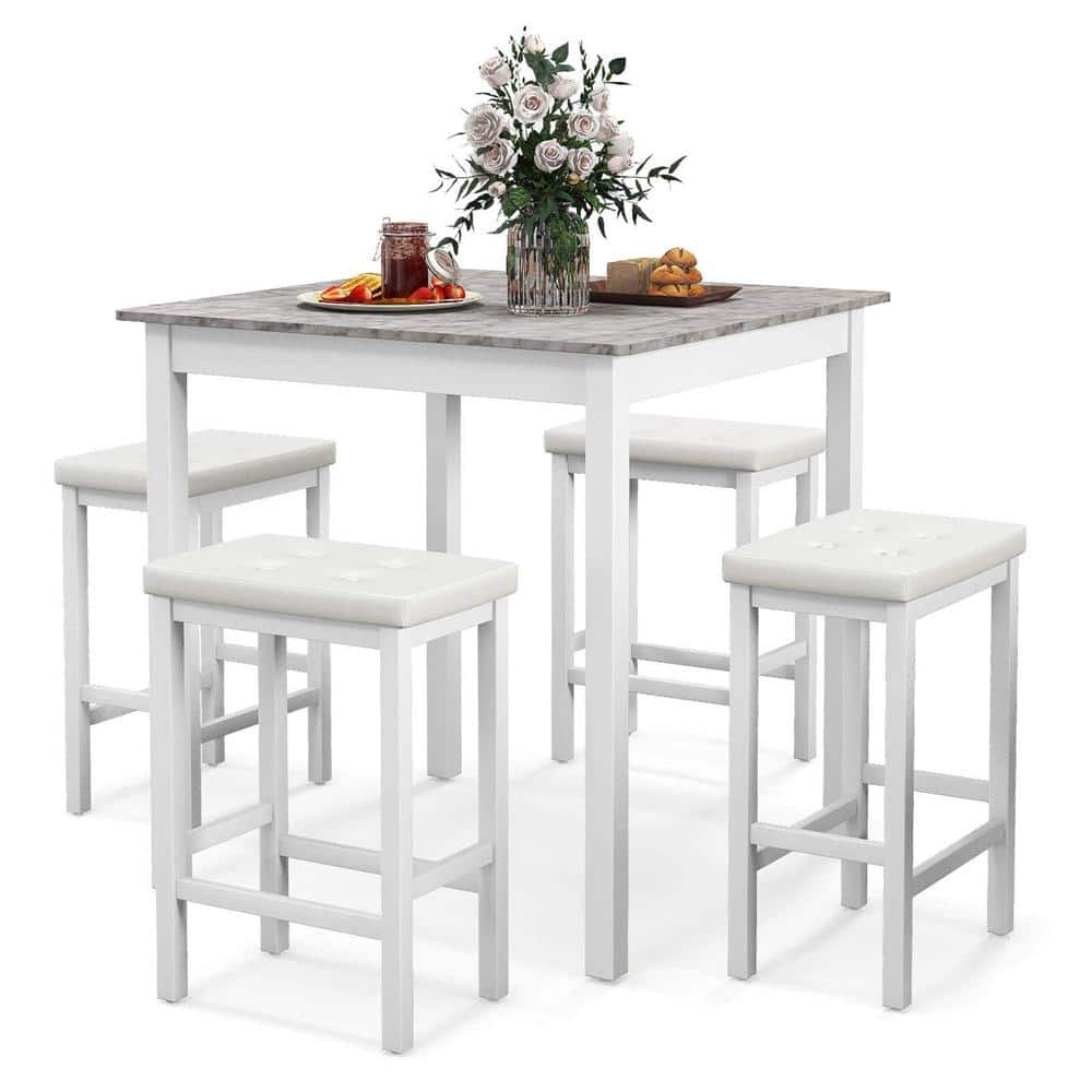 Costway 5-Piece Square White MDF Top Bar Table Set Dining Table and 4 ...