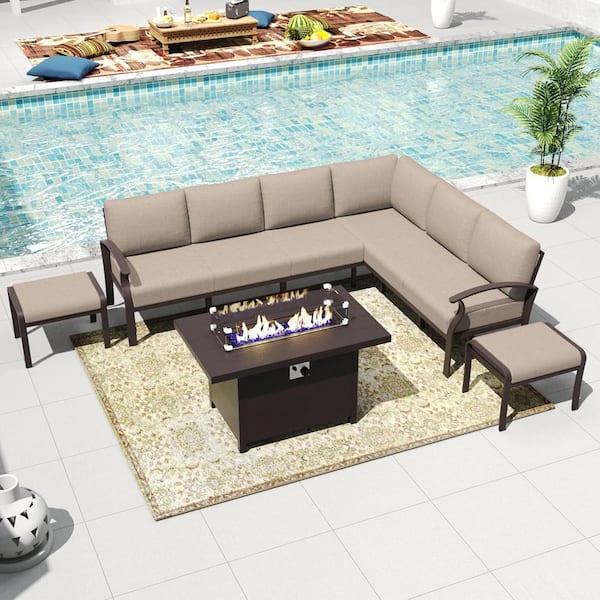 Halmuz 8-Seat Aluminum Patio Conversation Set with Fire Pit Table ...